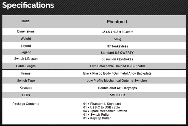 Tecware Phantom L Low Profile 87鍵RGB 有線機械式鍵盤(Outemu青軸) - 2000Fun商城 香港人既遊戲店