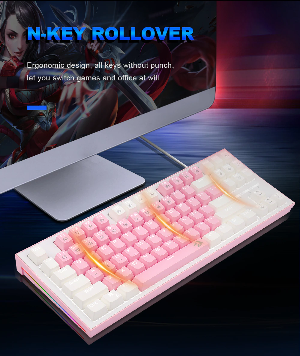 Redragon K611 White Pink 白光 機械式鍵盤 (青軸) - 2000Fun商城 香港人既遊戲店